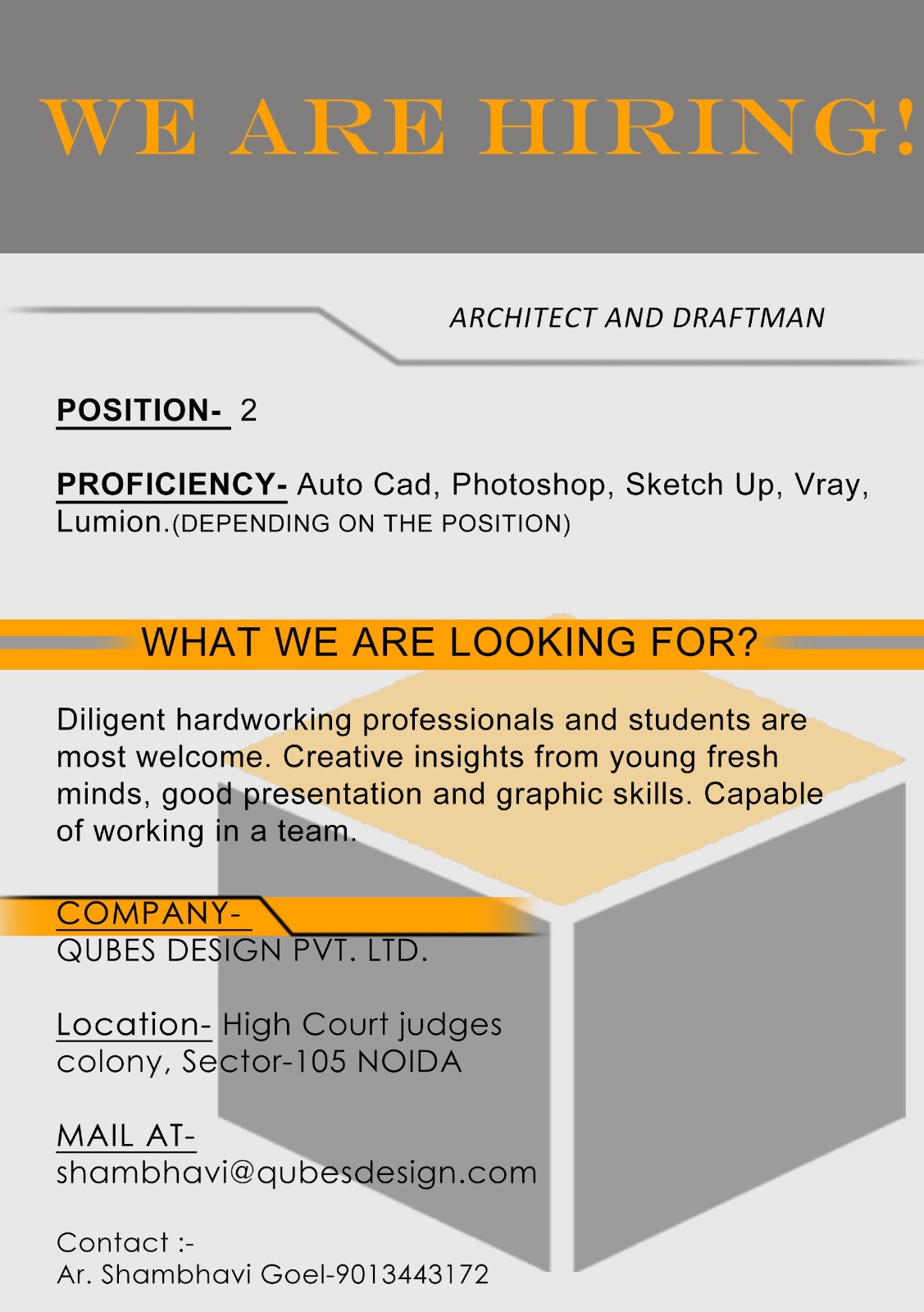 Vacancy for Architect and Draftsman at Qubes Design Pvt. Ltd. | Noida ...